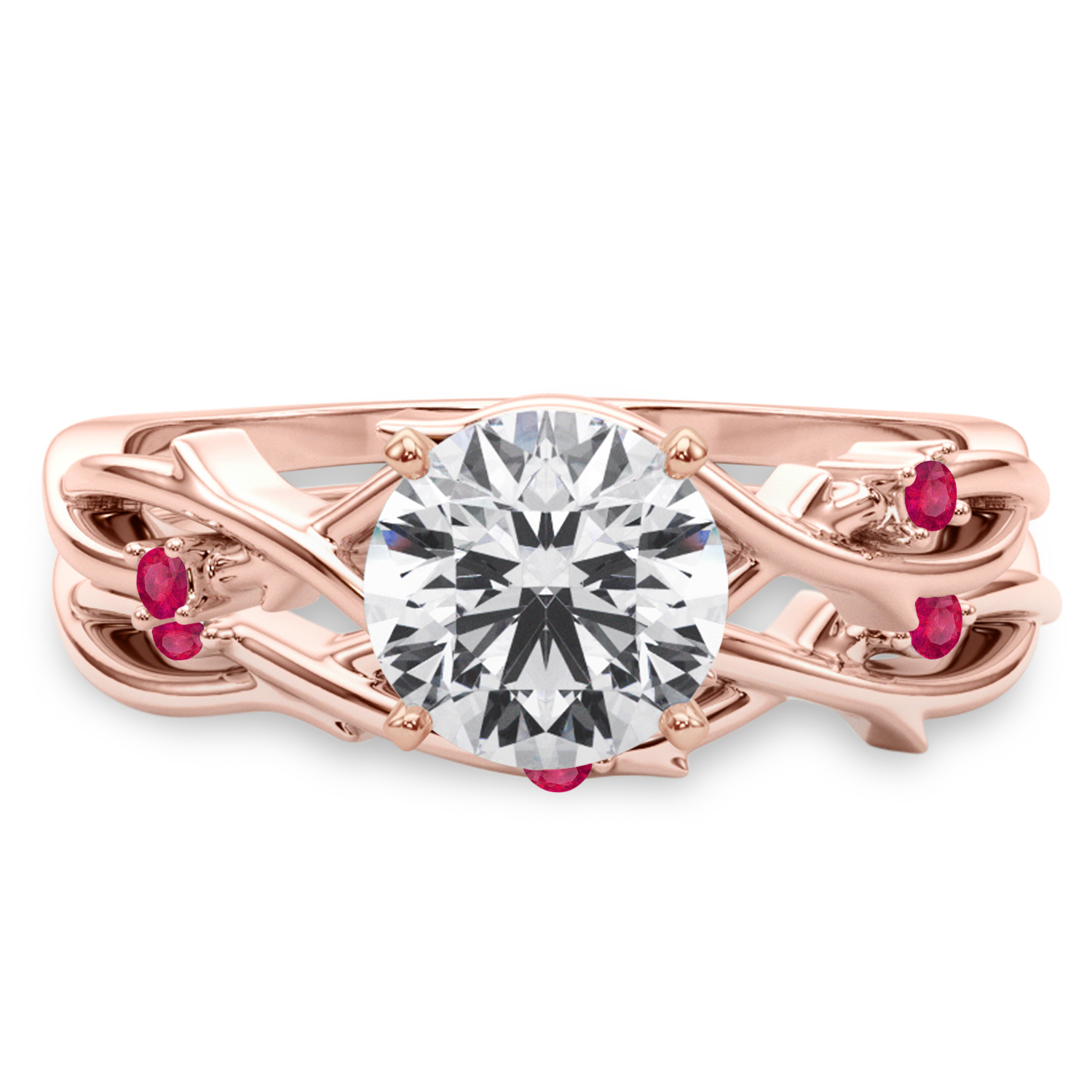 Round Ruby Vine Leaf Engagement Ring Bridal Set 14K Rose Gold (0.05ct ...