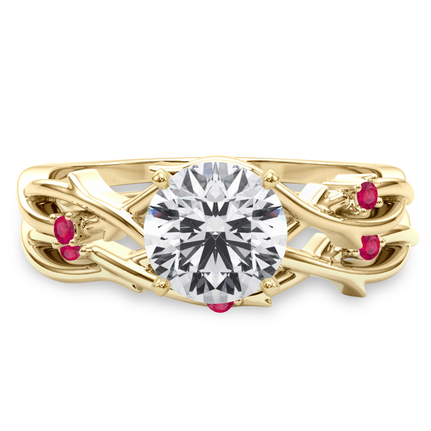 Round Ruby Vine Leaf Engagement Ring Bridal Set 18K Yellow Gold (0.05ct ...