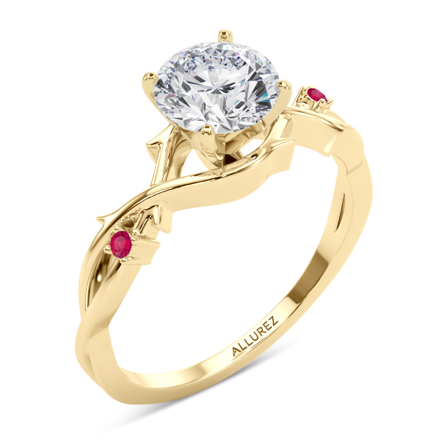 Round Ruby Vine Leaf Engagement Ring Bridal Set 18K Yellow Gold (0.05ct ...