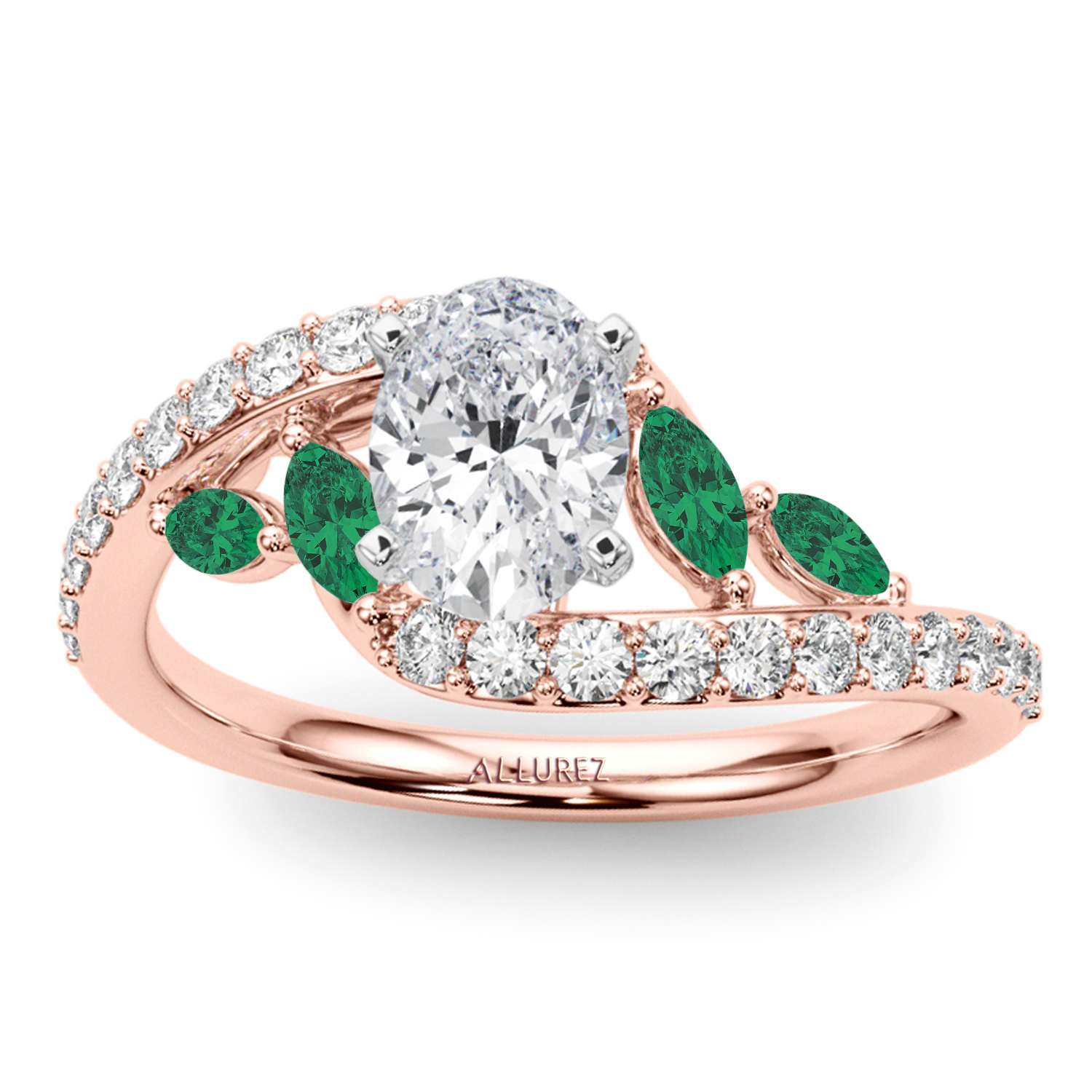 Swirl Design Lab Grown Diamond & Marquise Lab Emerald Engagement Ring ...