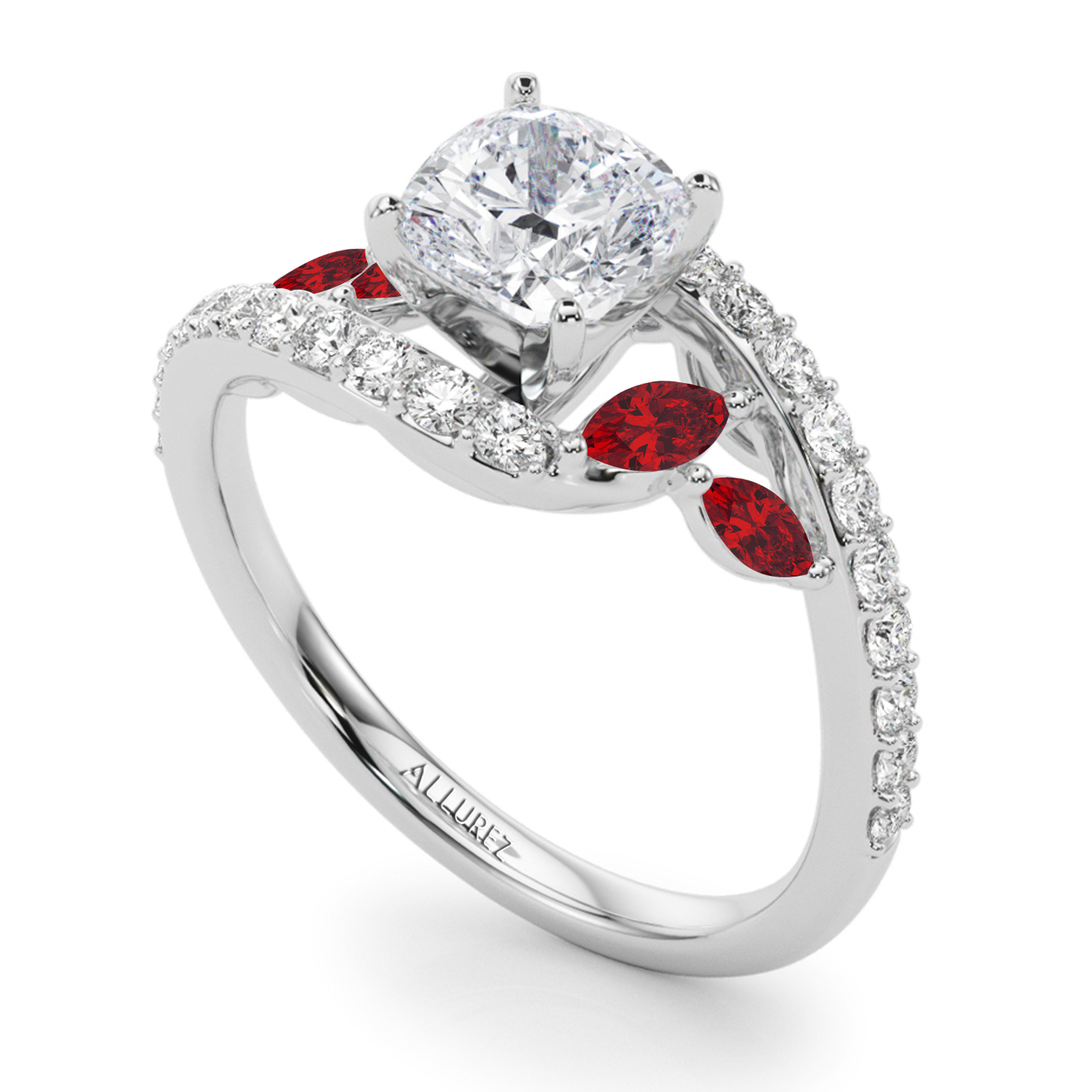Swirl Design Lab Grown Diamond & Marquise Lab Ruby Engagement Ring 18K ...