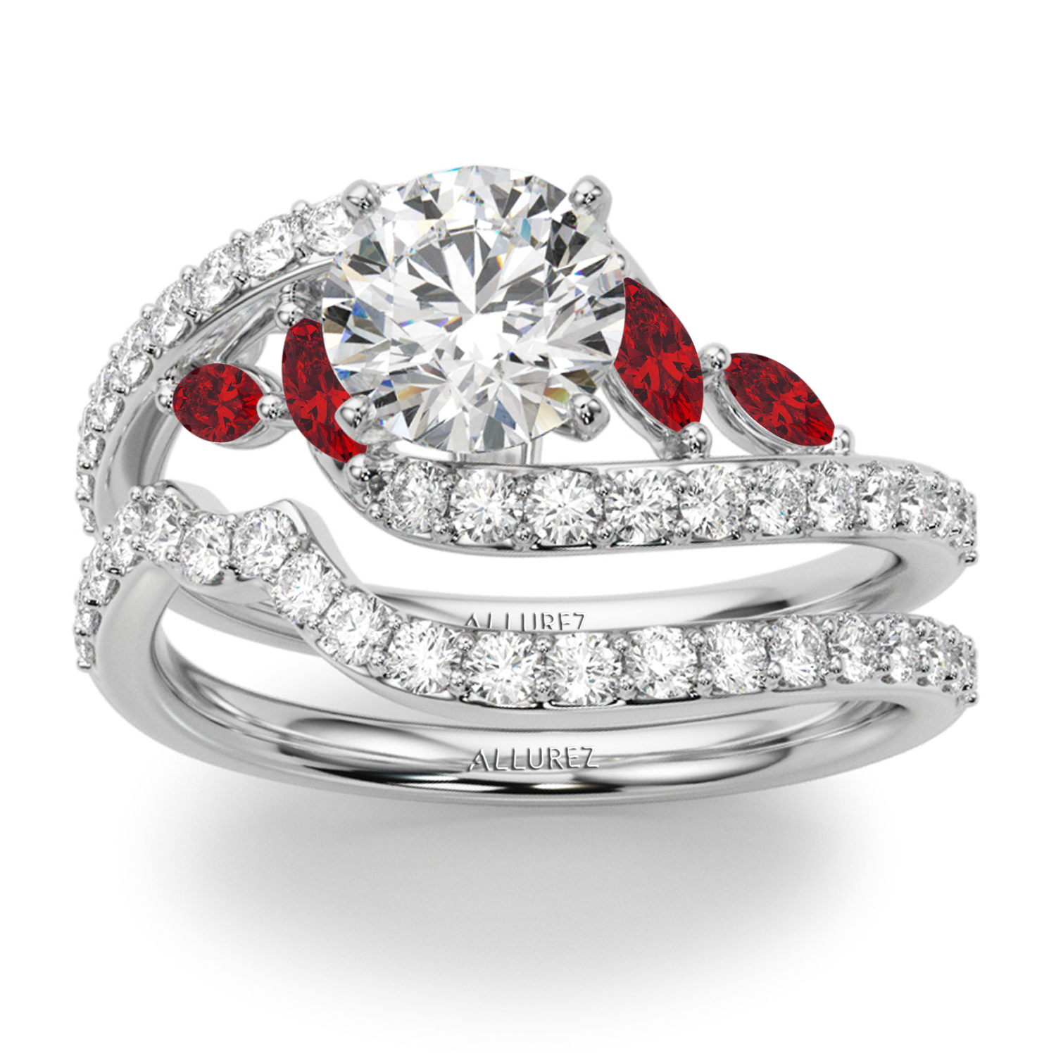Swirl Design Lab Grown Diamond & Marquise Lab Ruby Bridal Ring Set in ...