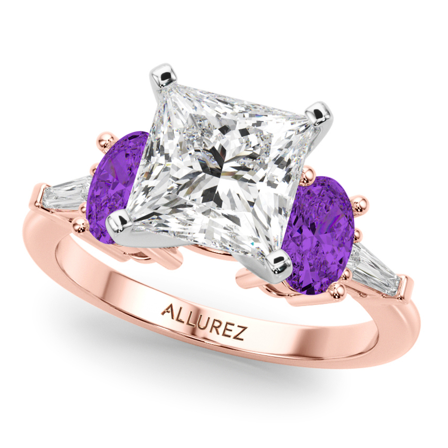 Princess Cut Lab Grown Diamond & Oval Amethyst Bridal Set 14K Rose Gold ...