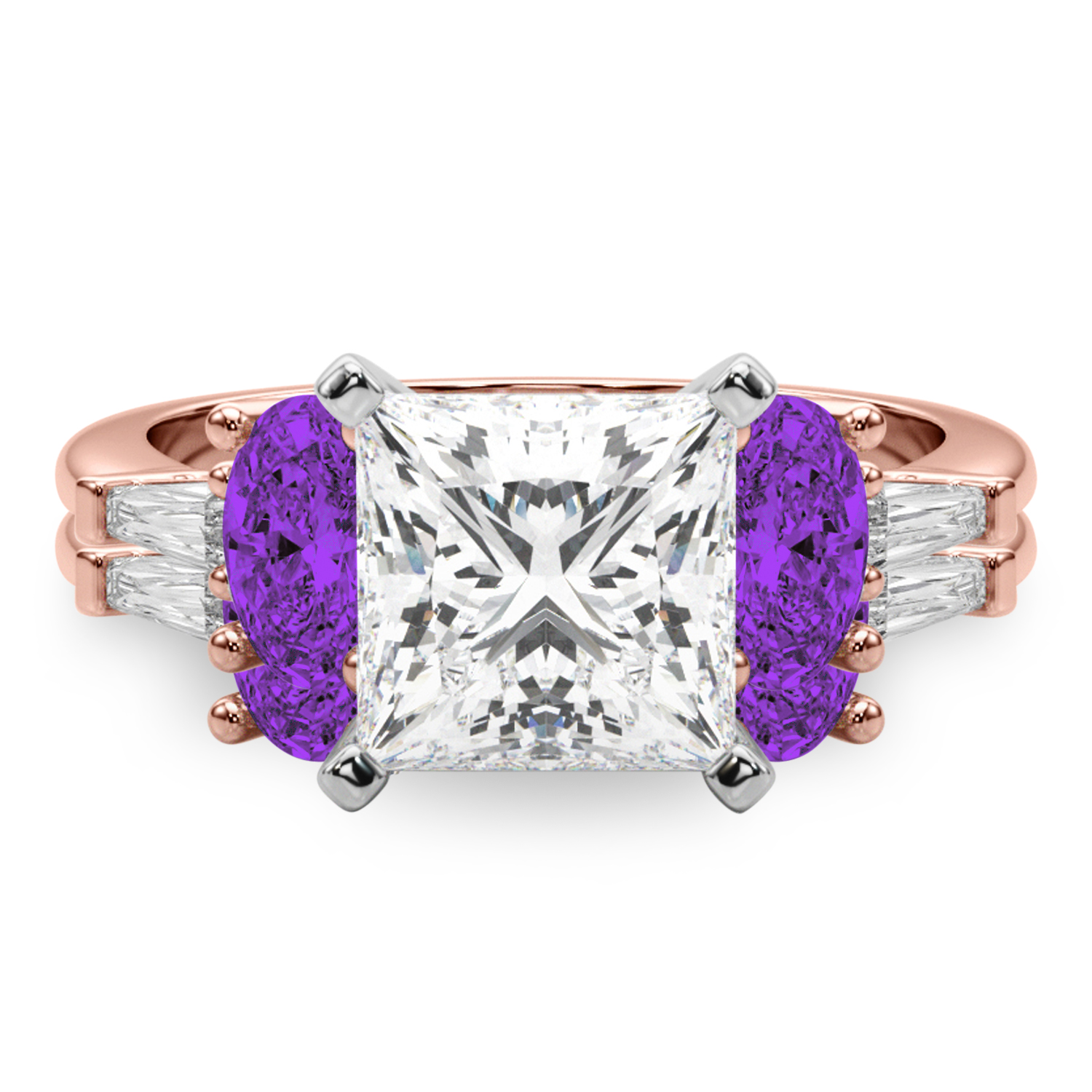 Princess Cut Lab Grown Diamond & Oval Amethyst Bridal Set 18K Rose Gold ...