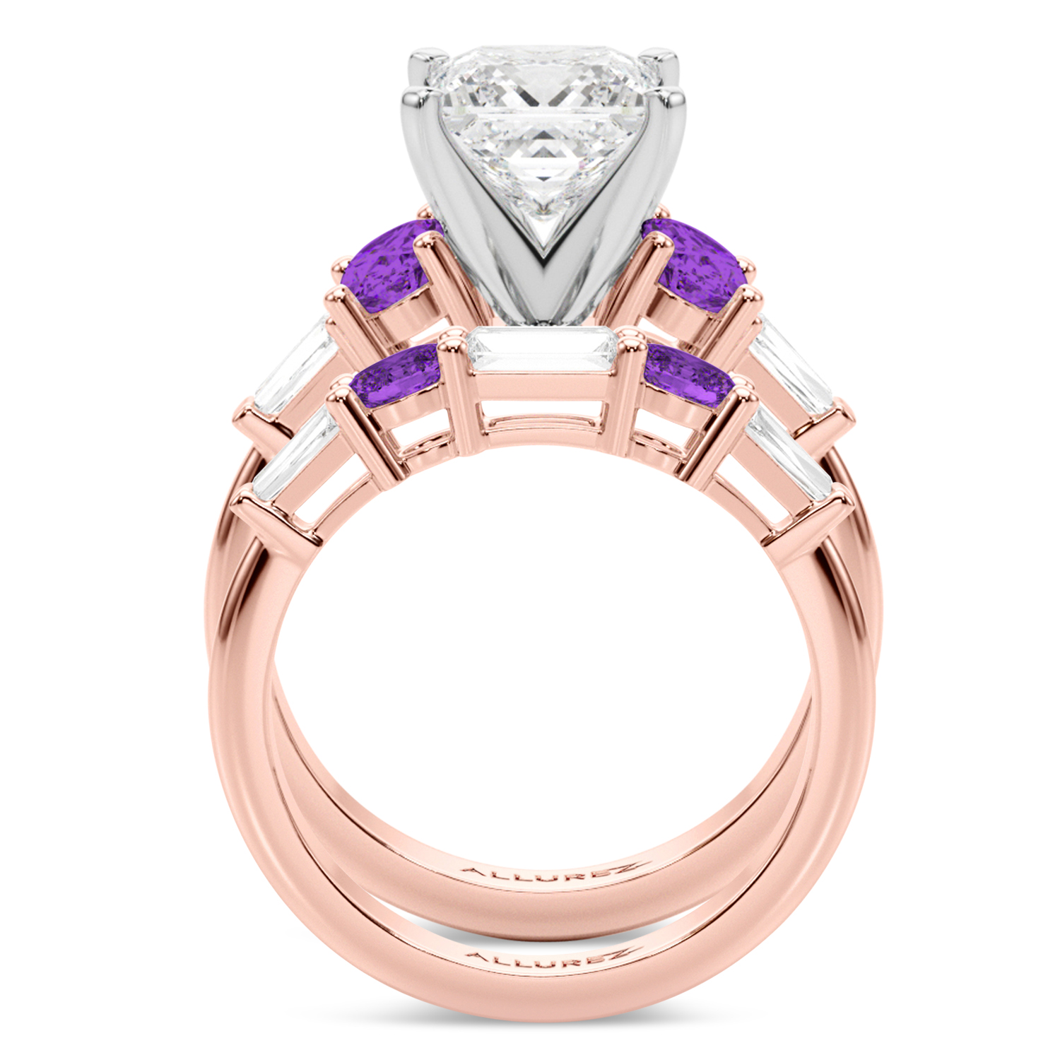 Princess Cut Lab Grown Diamond & Oval Amethyst Bridal Set 18K Rose Gold ...