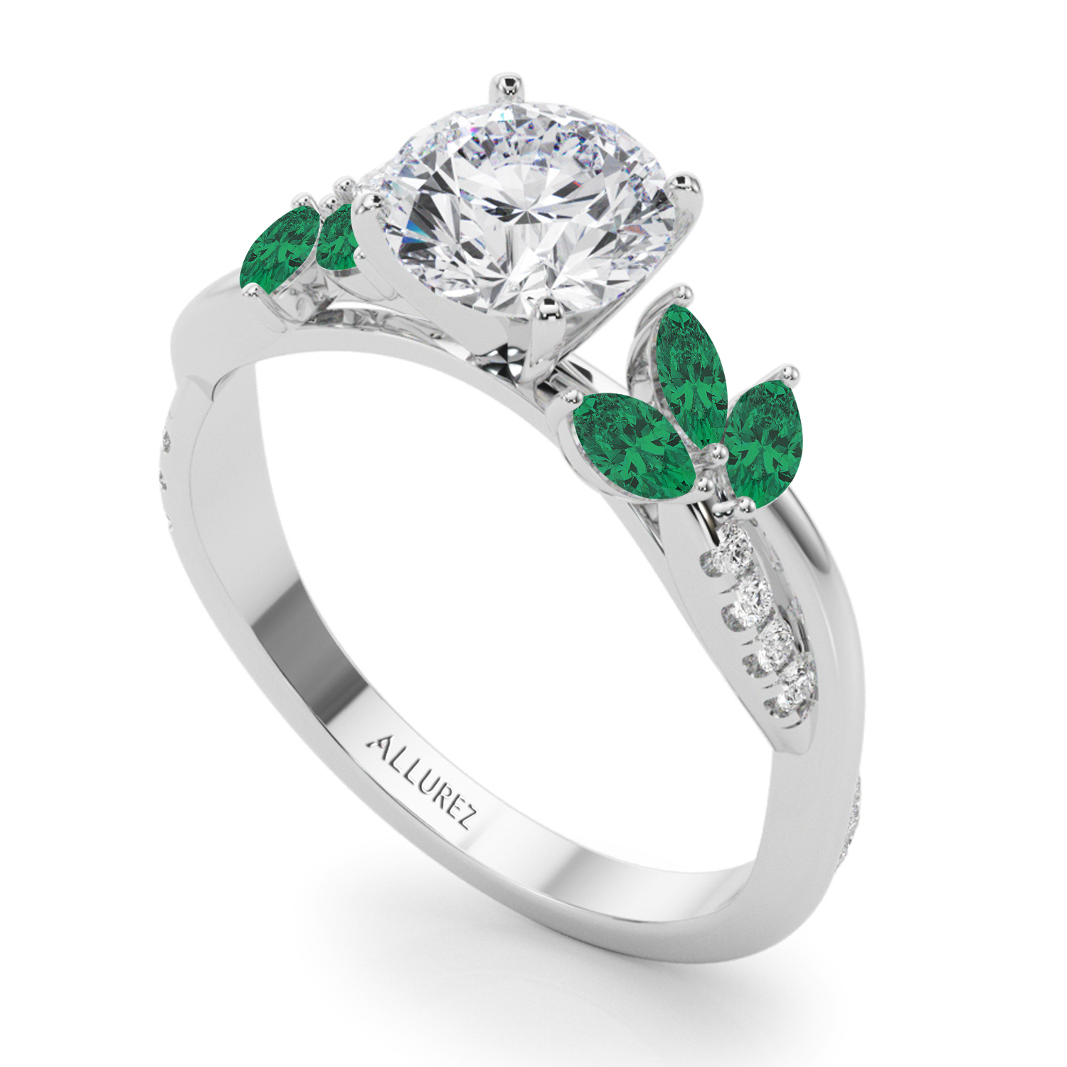 Lab Grown Diamond & Lab Emerald Marquise Leaf Engagement Ring 14K White ...