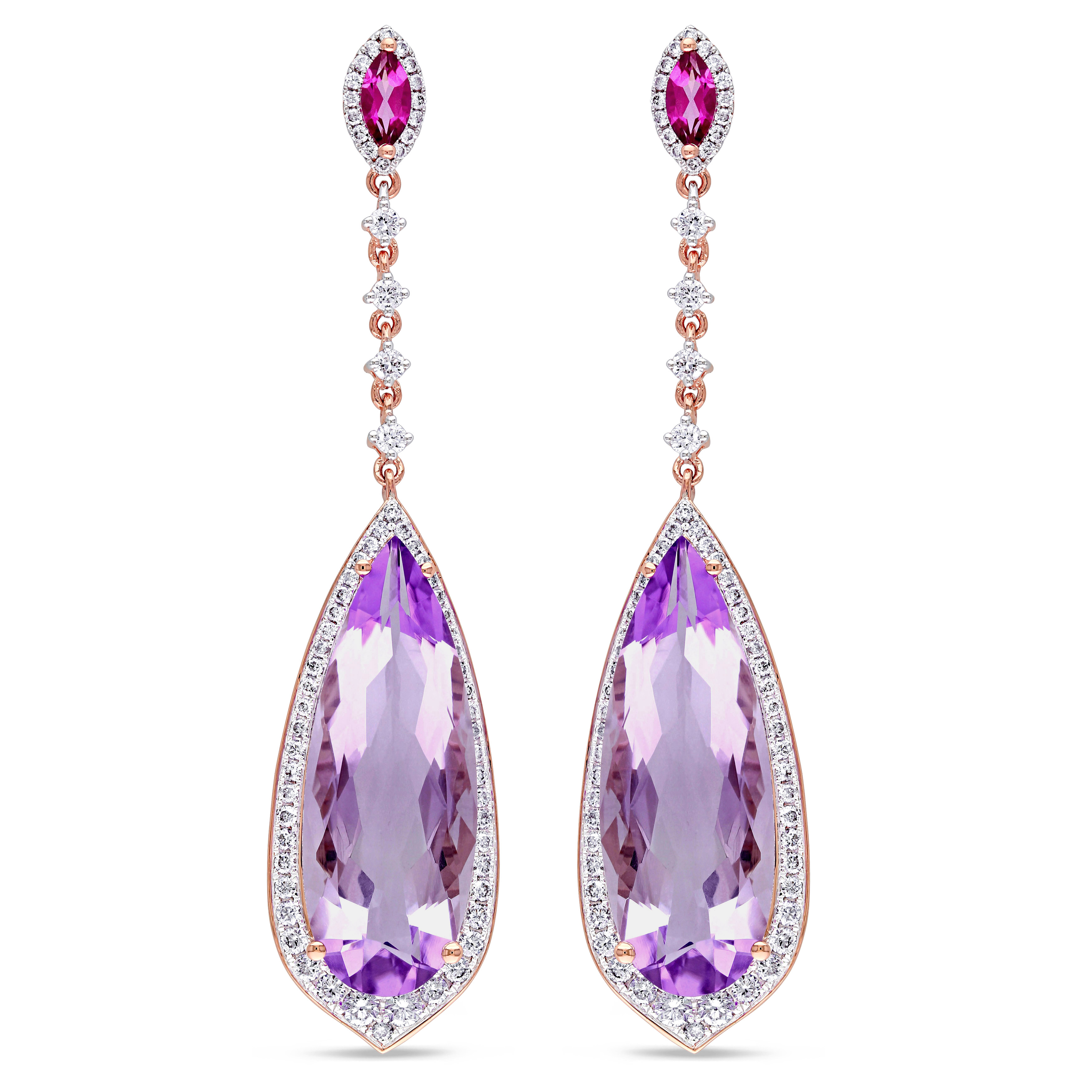 Pear Shaped Pink Amethyst & Diamond Earrings 14k Rose Gold 21.80ct - DE566