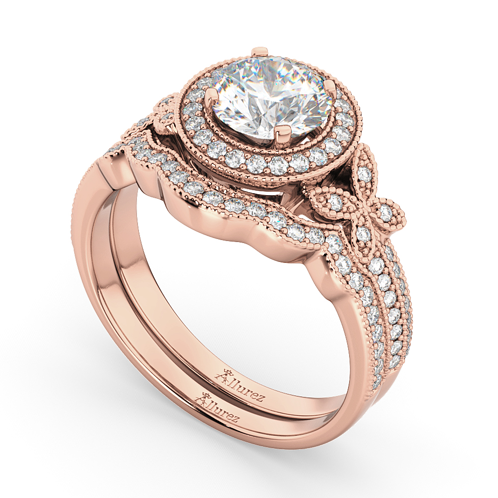 Butterfly Diamond Engagement Ring & Wedding Band 14k Rose Gold 0.58ct ...