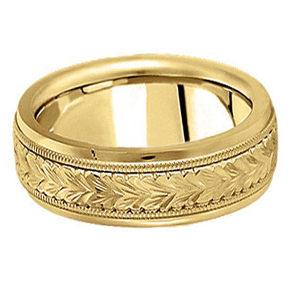 Hand Engraved Wedding Band Carved Ring 18k Yellow Gold 65mm Ub341