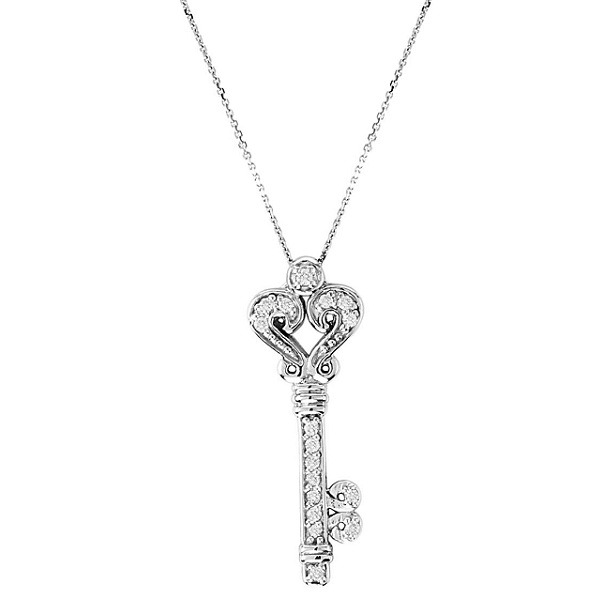 Diamond Fleur De Lis Key Pendant Necklace 14k White Gold 0.25ct - IP38