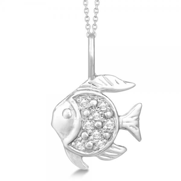 Pave Set Fish Shaped Diamond Pendant Necklace 14k White Gold 0.06ct - IN258